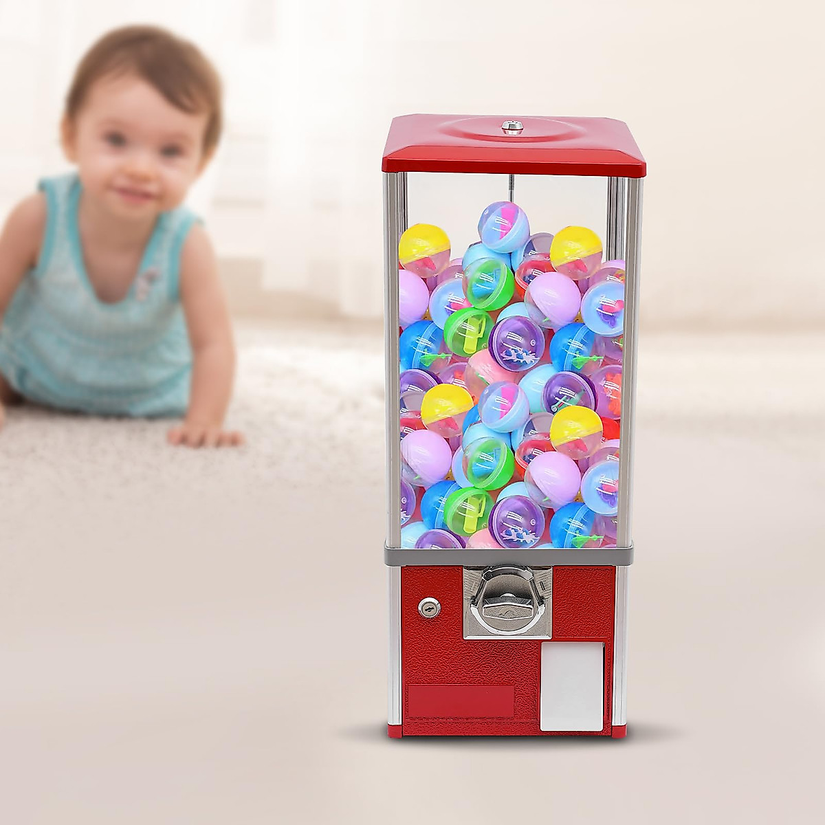 LOHISHILO Vending Machine, Commercial Vending Machine, Prize Machine, Commercial Vending Machine for 2 Inch Round Capsules Gumballs Bouncy Balls, 700-800 Coins, Red