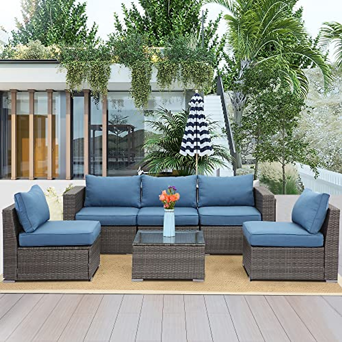 Solaste 6 Piece Patio Furniture Set, Outdoor Sectional Sofa with Tempered Glass Coffee Table, Wicker Rattan Patio Conversation Set with Cushions for Balcony, Backyard, Porch, Lawn, Blue