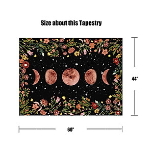 Rexful Moonlit Garden Tapestry, Moon Phase Surrounded by Plants and Flowers Black Wall Hanging Blanket 44×60 inch