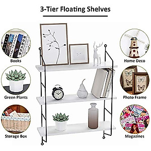 White Floating Shelves Wall Mounted 3-Tier，Storage and Display Rack for Bathroom,Kitchen, Bedroom,Living Room,etc,Sturdy Wood and Metal Hanging Shelf Wall Decor