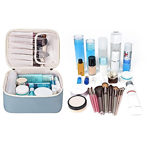 Narwey Travel Makeup Bag with Brush Compartments，Portable Cosmetic Bag，Make up Bag Makeup Organizer Case with Brush Storage for Women (Greyish Blue-1)