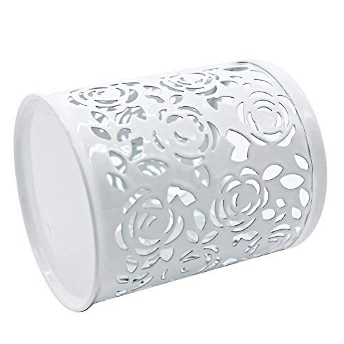 Ciaoed Metal Pencil Pot Holder, Rose Flower Pattern Make Up Brush Cup, Pen Cylinder Container for Desk, White