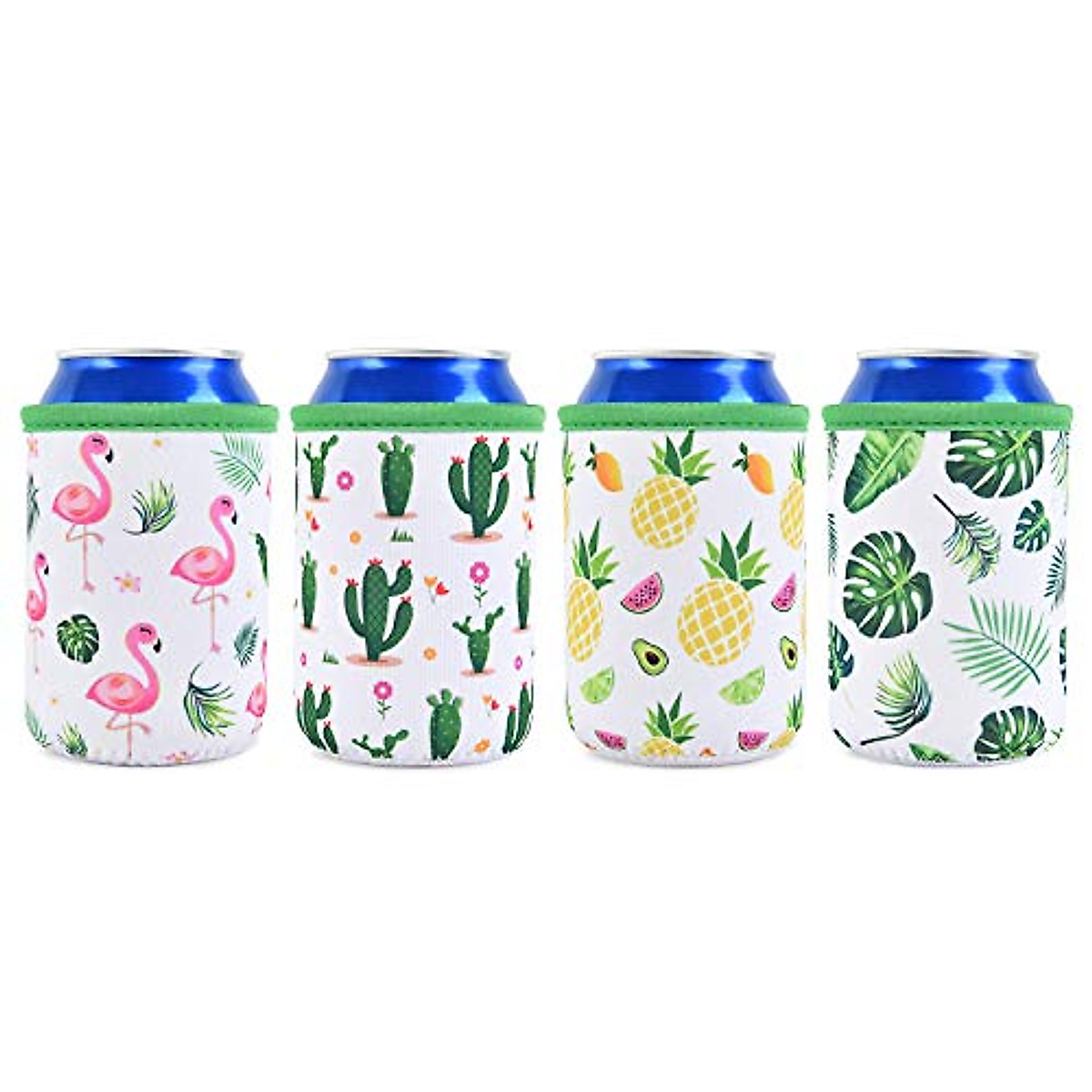 Set of 4 Neoprene Can Sleeves - Collapsible Thermocoolers Can Cooler Sleeves Tropical Summer Soda Beer Caddies for Weddings Bridal Shower Birthday Beach Bachelorette Parties
