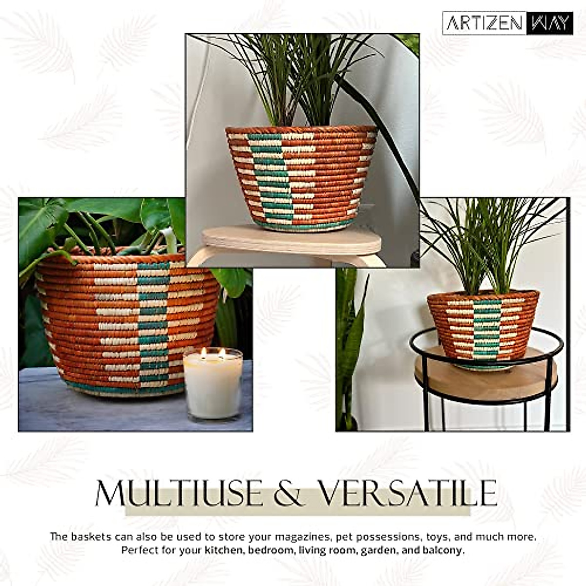 Artizenway Handmade Boho Plant Basket - Woven Planter Baskets - Plant Pot Cover Baskets for Plants - Date Palm Leaves Decorative Pattern Baskets - Storage Organizer (set of 3, Horizontal)