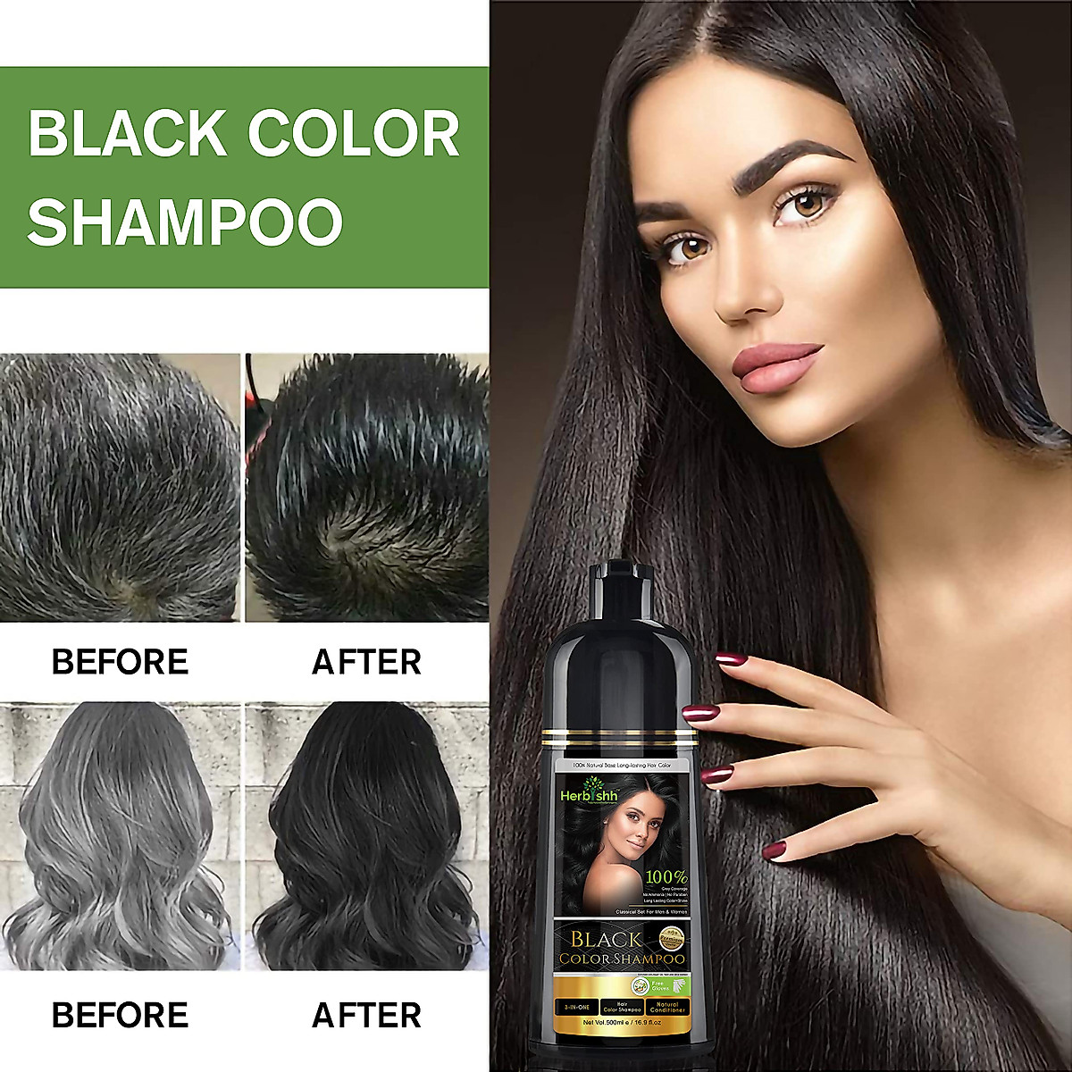 Herbishh Hair Color Shampoo Black + Moroccan Argan Hair Shampoo + Argan Hair Conditioner Kit