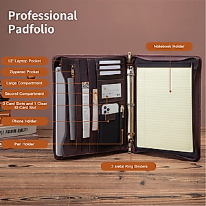 Geslun Genuine Leather Portfolio with 3 Ring Binder, Full Grain Leather Padfolio Zippered, A4 Notebook Holder Laptop Sleeve Professional Folder Organizer Gift for Men and Women, Dark Brown