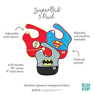 Bumkins DC Comics, Batman, Superman, The Flash, SuperBib, Baby Bib, Waterproof, Washable, Stain and Odor Resistant, 6-24 Months (Pack of 3)