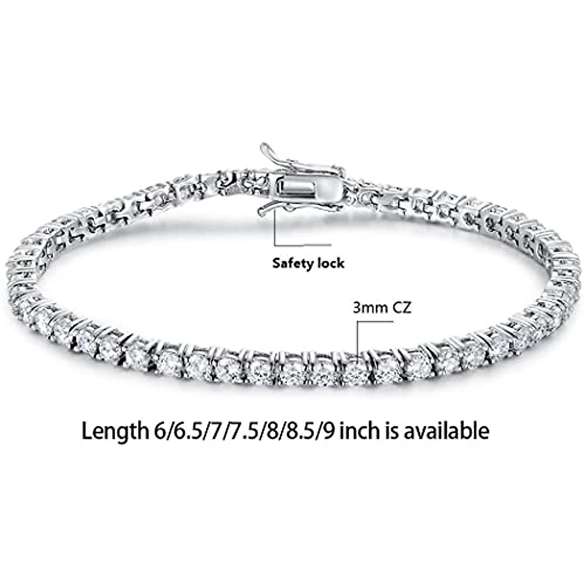 GMESME 18K White Gold Plated 3.0mm Cubic Zirconia Classic Tennis Bracelet 6.5 Inch
