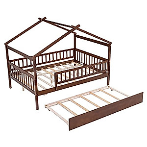 DHHU Daybed with Trundle, Full Size Wooden House Bed with Twin Size Trundle Bed, Wood Bed Frame with Roof and Safety Guardrail for Kids, Teens, Boys or Girls, No Box Spring Required
