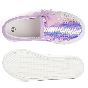 Toandon Girls Kids Sneakers Loafer Shoes Toddler Slip On Sequins Glimmer Glitter Sparkle Low Top Non Slip Rubber Sole Lightweight Breathable Walking Outdoor Fashion Casual Bowknot Purple Size 11