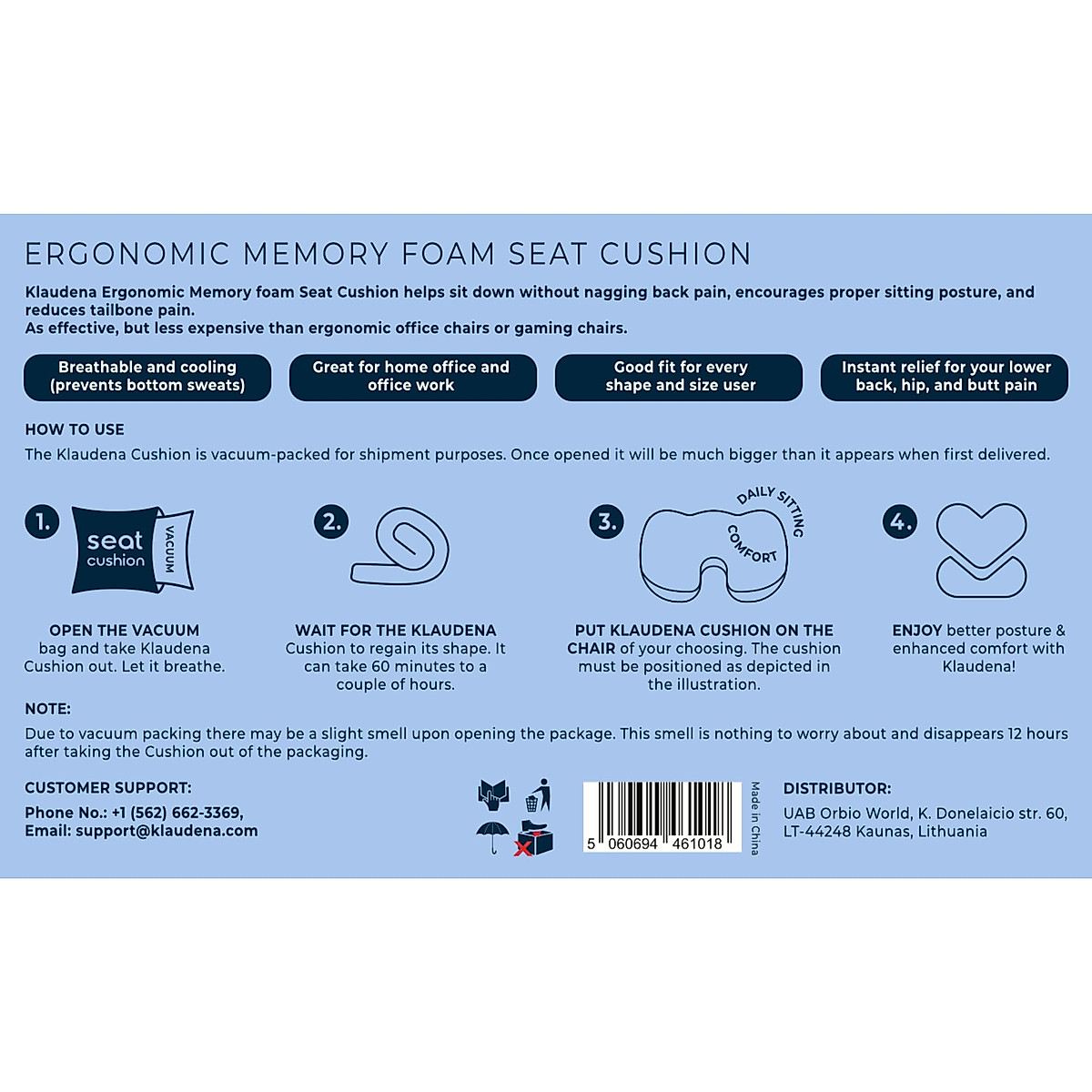 Klaudena | Memory Foam Seat Cushion for Office Chair, Coccyx Lower Back Support Tailbone Pain Relief, Lumbar Support Cushions, Work Chair Pad Butt Pillow, Sciatica, Correct Posture, Desk Chair Cushion