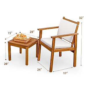 Greesum 3 Piece Bistro Patio Furniture Outdoor Chat Chair Set with Water Resistant Cushions and Coffee Table for Beach Backyard Garden, White