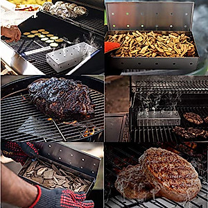 Pellet Grill Smoker Box for BBQ Heavy Duty Sturdy Stainless Steel for Charcoal & Gas Grilling Accessories Wood Chips Meat/Salmon in Barbecue (Round Hole)