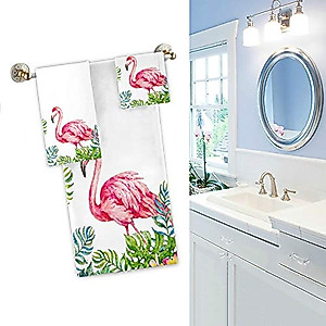 Naanle Tropical Leaves Couple Pink Flamingo Soft Luxury Decorative Set of 3 Towels, 1 Bath Towel+1 Hand Towel+1 Washcloth, Multipurpose for Bathroom, Hotel, Gym, Spa and Beach