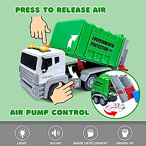 PlenPLAY Garbage Truck Toys 11 in 1 Playset - Realistic Trash Truck with 4 Trash Cans, Lifter Dumping Function, 1 Traffic Light, 4 Set Trash Cards, 1 People Figures - Toys for Boys 3+ Years Old