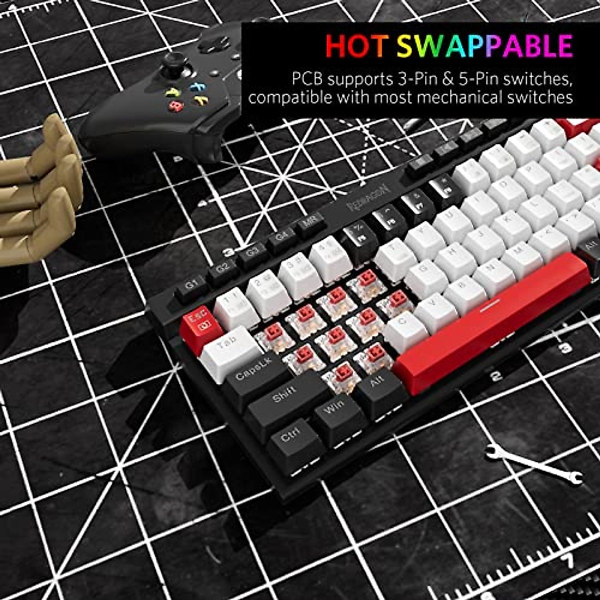 Redragon K635 Hot Swappable Mechanical Keyboard Customized RGB Backlit with Volume Control, Bluetooth/2.4G-Wireless/USB-C Compact Gaming Keyboard with Red Switches(68+10Keys)