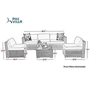 PHI VILLA Outdoor Patio Furniture Sets - Rattan Wicker Patio Sectional Sofa Couch with Tea Table & Washable Cushions (6 Piece, Navy Blue)