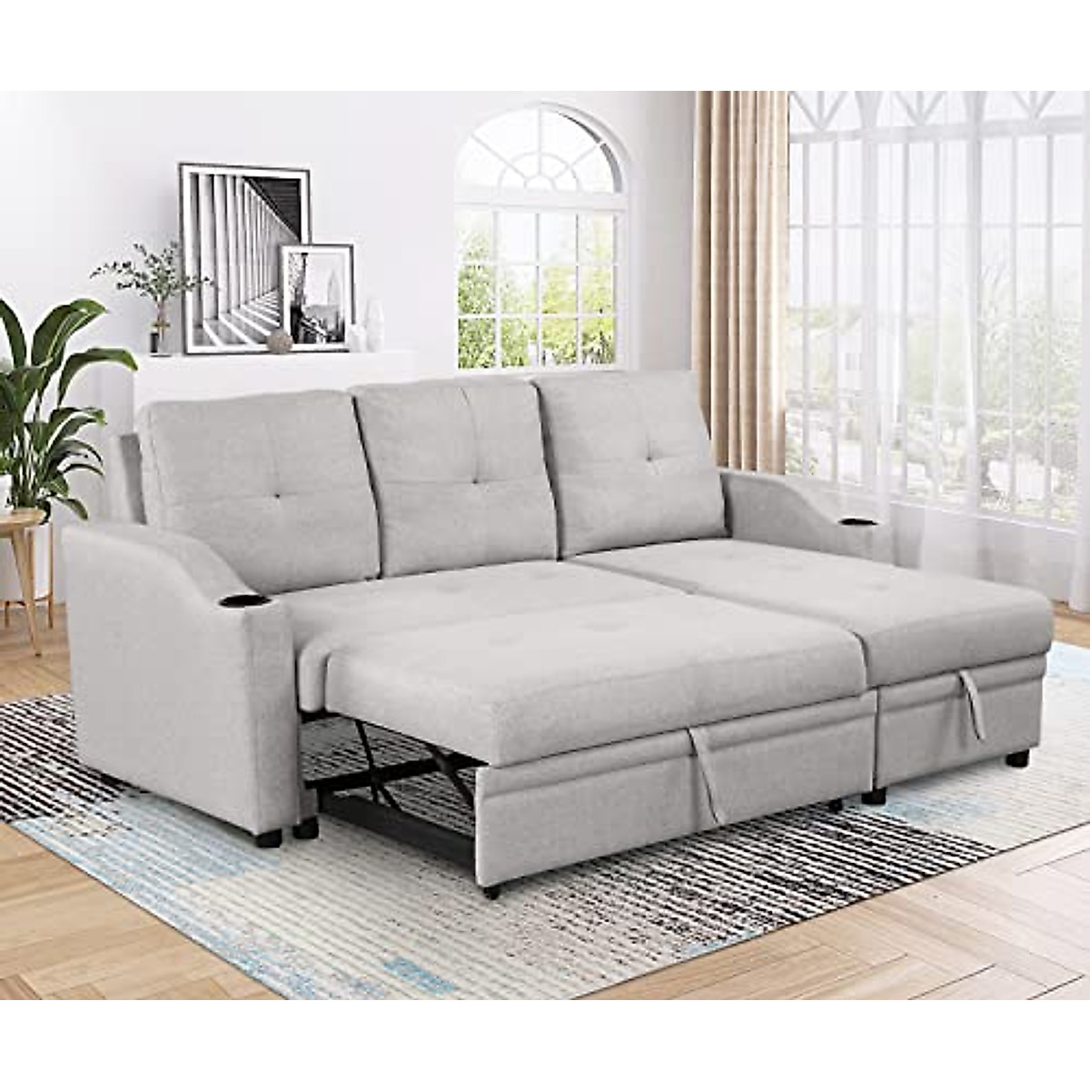 UBGO Modular, L-Shaped Living Room Furniture Sets,Pull Modern Padded Upholstered Sofa Bed, Linen Fabric 3 Seater Storage Chaise and Cup Holder, Couch for Small Spaces,Gray