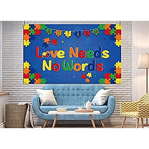 Nepnuser Love Needs No Words Photo Booth Backdrop Puzzle Piece April Autism Awareness Decoration Indoor Outdoor Wall Decor-5.9×3.6ft