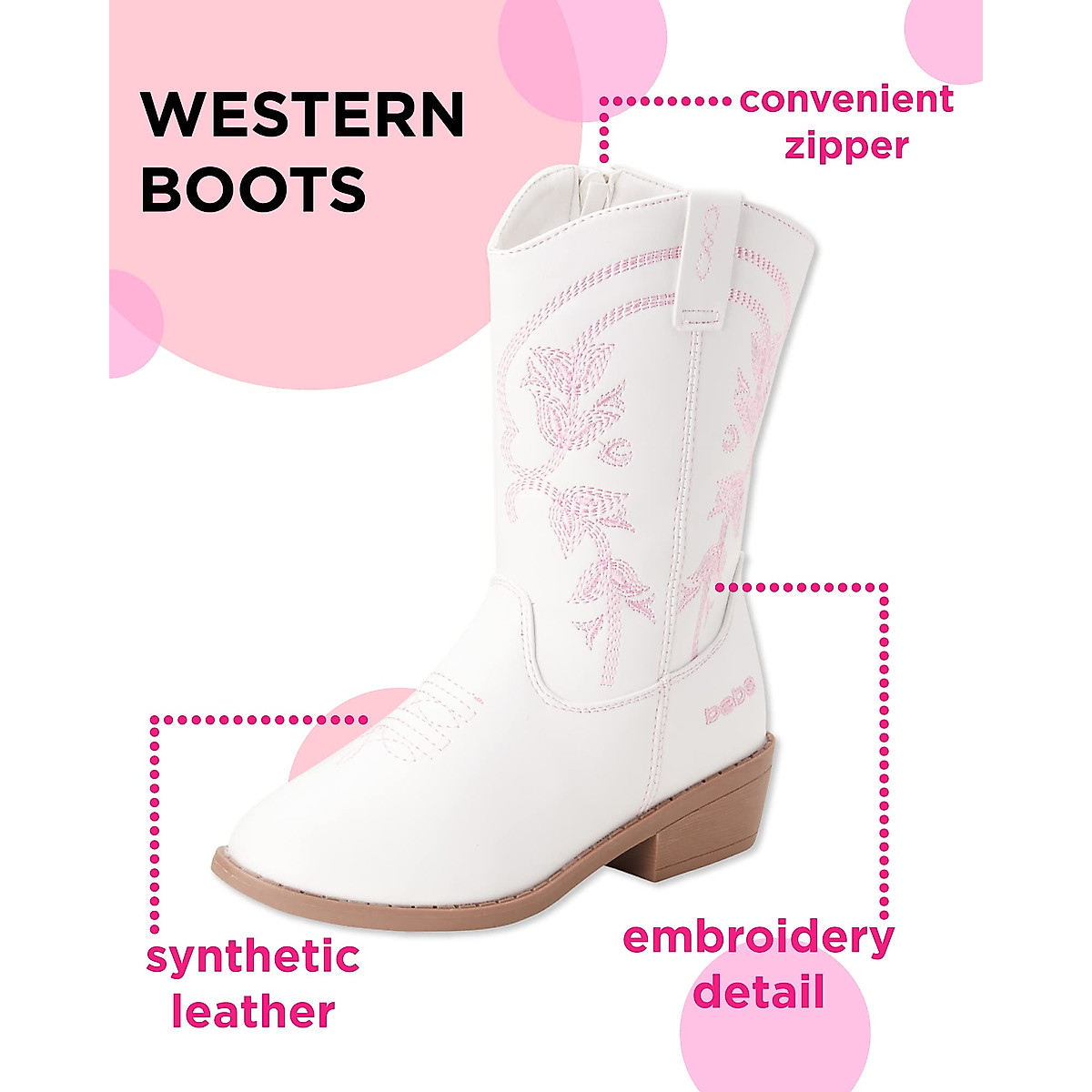 bebe Girls' Cowgirl Boots - Classic Western Cowboy Boots - Mid Calf Boots for Toddlers, Little and Big Girls (5T-7), Size 2 Little Kid, Pink/White
