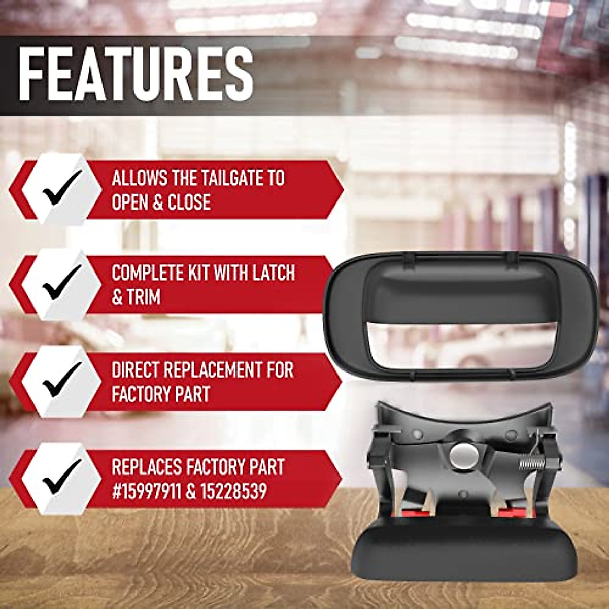 Replacement Tailgate Handle Latch and Bezel Trim with Clips - Replaces 15997911, 15228541, 15228539, 15228540 - Compatible with Chevrolet Silverado and GMC Sierra 1500, 1500HD, 2500HD, 2500, 3500