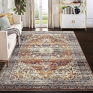 ROYHOME Area Rug 8x10 Machine Washable Rug Traditional Distressed Carpet Stain Resistant Non-Slip Floor Cover Carpet Rug Oriental Medallion Accent Rug for Living Room Bedroom Dining Room, Orange