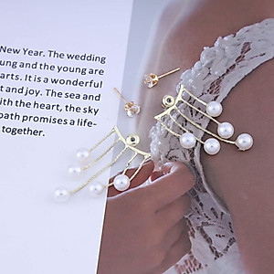 Sttiafay Vintage Crystal Pearl Drop Earrings Long Tassel Pearl Dangle Earrings Gold Cz Pearl Chain Earrings Cz Rhinestone Bridal Earrings Jewelry for Women and Girls