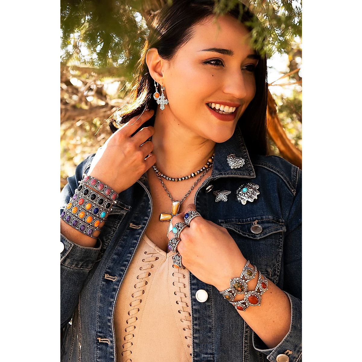 American West Sterling Silver Women's Necklace Picture Jasper Gemstone Multi Beaded Design 17 to 19 Inch