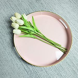 Spsyrine Round Pink Decorative Tray, 13" Plastic Serving Table Tray with Handles for Breakfast, Round Modern Ottoman Tray for Coffee Table, Bathroom, Kitchen, Living Room