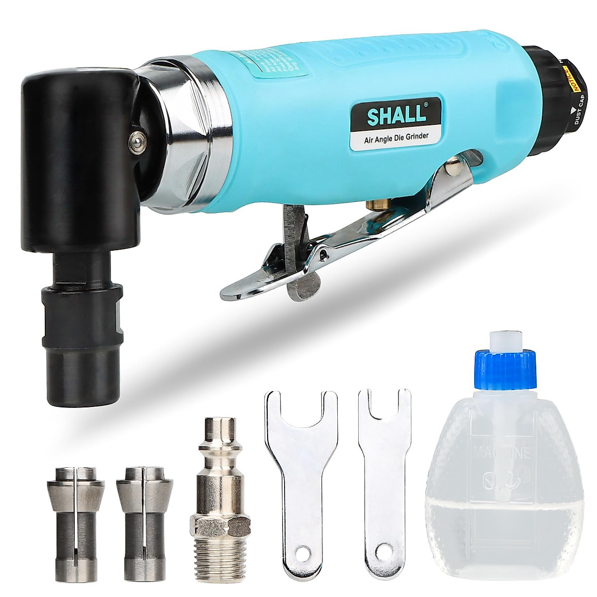 SHALL Air Die Grinder, 1/4" Pneumatic Right Angle Die Grinder, 1/4" & 1/8" Collets, Air Connector, Lubricant and Chuck Key Included, for Grinding, Polishing, Deburring, Engraving and Rust Removal
