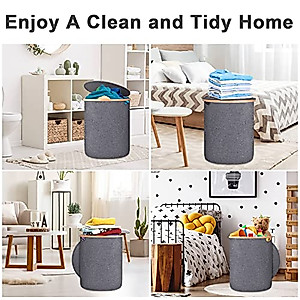 SUPDEJA 90L Laundry Hamper with Lid - Large Laundry Basket with Bamboo Handles, Dirty Clothes Hamper for Laundry, Oxford Tall Round Laundry Baskets for Bathroom and Bedroom