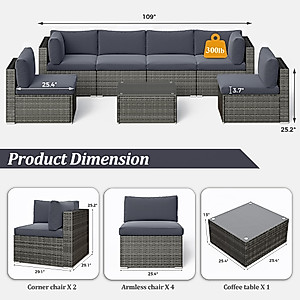 SUNVIVI OUTDOOR 7 Piece Patio Furniture Sets All Weather Gery PE Wicker Couch Sofa with Glass Table, Removable Dark Grey Cushions