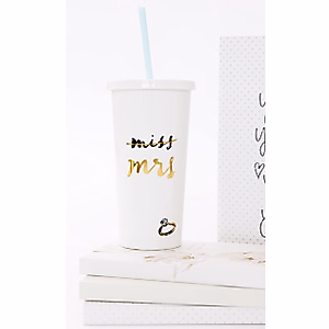 kate spade new york Bridal Acrylic Tumbler with Straw Bundle with Small Travel Jewelry Case Organizer (Miss to Mrs)