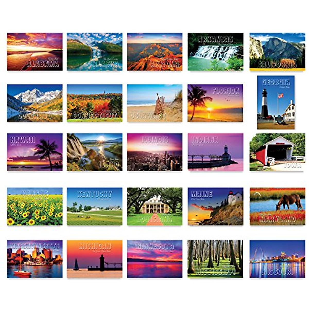 AMERICA THE BEAUTIFUL postcard set. 50 modern post cards variety pack. These postcards depict all fifty states of the United States of America. Made in USA.