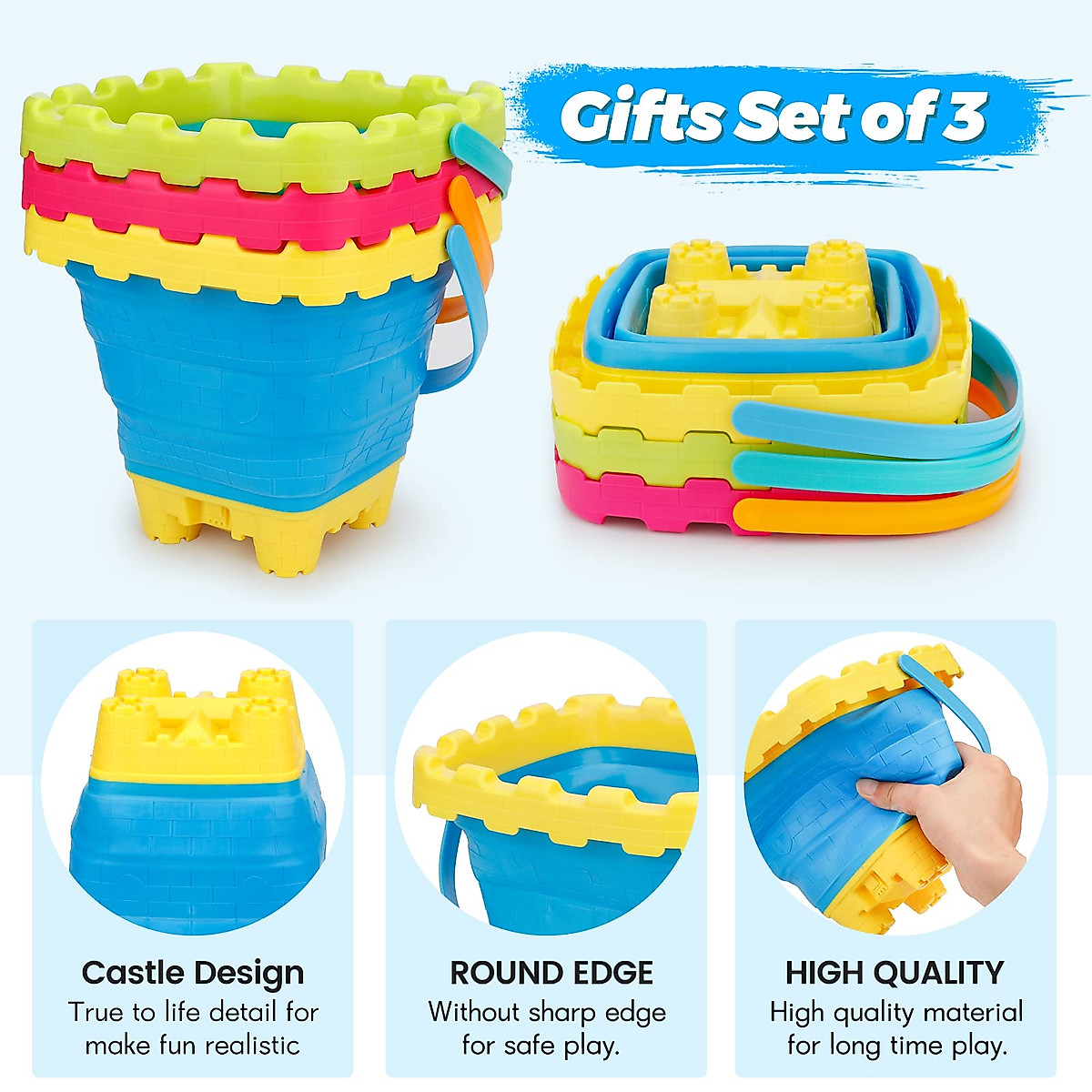 7 PCS Castle Foldable Beach Sand Buckets Toy Set with Shovels Scoop Sifter for Kids, 3L Silicone Collapsible Bucket Pails for Toddler, Summer Toy, Sandbox Kit Camping Gear Beach Essential Gift