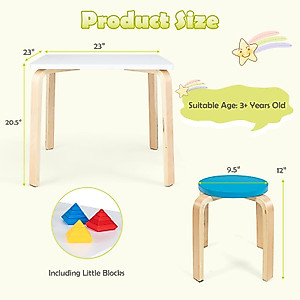 INFANS Kids Wooden Table and Stool Set, 5-Piece Activity Table with 4 Stools for Toddler Building Block Drawing Reading Art Crafts, Children Natural Furniture Set for Kindergarten Classroom