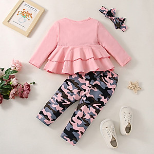 FOCUTEBB Baby Girl Clothes 6-9 Months Infant Girl Sweatshirt Outfits Fall Winter Outfits Long Sleeve Ruffle Tops Camo Pants Sets Headband Pink 6 9 Months