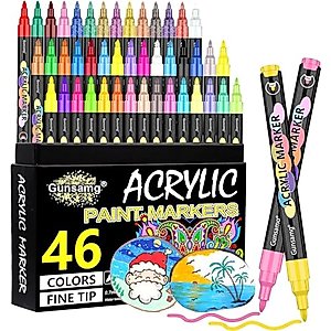 Gunsamg 46 Colors Acrylic Paint Pens Extra Fine Tip Acrylic Paint Markers For Rock Painting Ceramic Stone Wood Canvas DIY Crafts Card Making