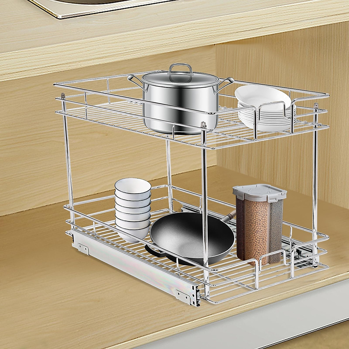 Pull Out Cabinet Organizer,Multi-Purpose Cabinet Organizer,Sink Organizer and Storage,Kitchen Helper,2-Tier Cabinet Pull Out Shelves,for Bathroom,Laundry Room,Kitchen,Pantry(Silver,21.5*13.5*15in)