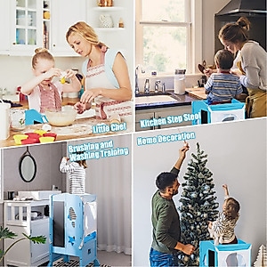Costzon Kids Kitchen Step Stool with Safety Rail, Folding Wooden Step Helper w/Adjustable Height, Blackboard, Protective Netting, Stable Fixed Feet, Countertop Standing Tower for Toddlers(White)