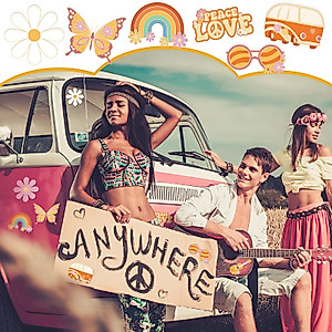 Colarr 60 Pieces Groovy Retro Hippie Boho Party Cutouts Decoration Retro Rainbow Butterfly Daisy Flower Cutouts Retro Bus Cutouts for Groovy Retro Hippie 60s 70s Party Decorations