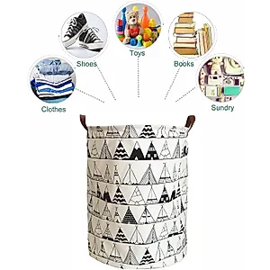 Nictemaw Laundry Hamper, Foldable Laundry Basket with Waterproof PE Coating, Canvas Fabric Round Large Storage Baskets with Leather Handles for Blankets, Clothes, Pillows, Shoes