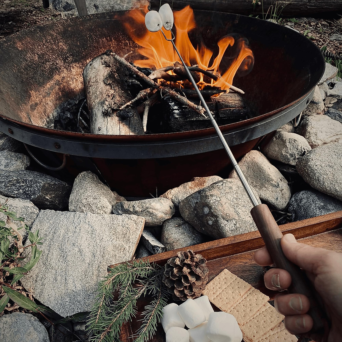 Blue River Goods Smores Sticks | Set of 6 Marshmallow Roasting Sticks | Telescoping Stainless Steel w/Walnut Handles | Smore Sticks for Marshmallow Sticks for Fire Pit | Smore Sticks for Fire Pit