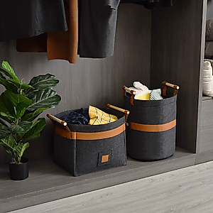 Large Felt Storage Basket with wood handles Perfect for Laundry, Toys, Shoes, Nursery, firewood and Living Room Organization (Round-1pcs)