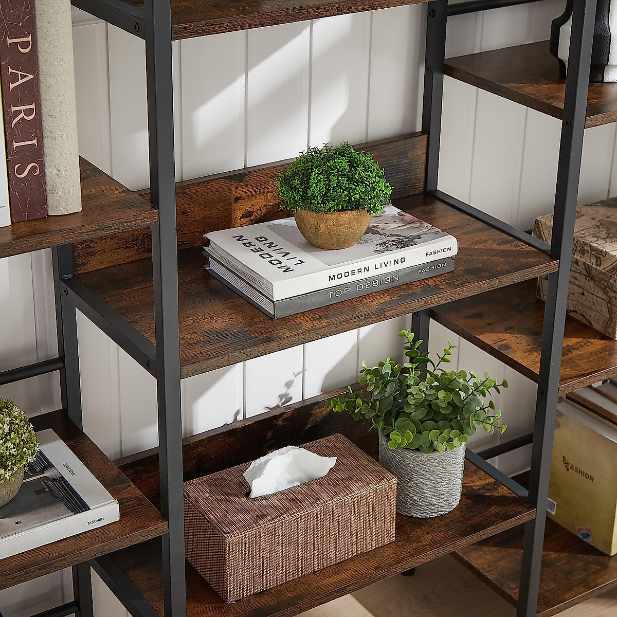 Elevon Bookshelf 5-Tier Open Bookcase, Triple Wide 70in Tall Display Shelf with 14 Open Display, Wood Shelf Metal Frame Floor Standing Unit for Living Room, Bedroom and Home Office - Rustic Brown