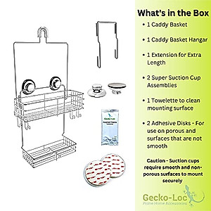 Gecko-Loc 🦎 NEW LONG WIDE Adjustable Length Over the Showerhead Hanging Shower Caddy Organizer - Silver