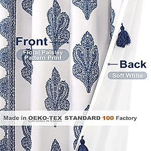 DriftAway Sadie Paisley Medallion Pattern Boho Velvet Room Darkening Unlined Window Curtains with Handmade Tassels for Bedroom Living Room Rod Pocket 2 Panels Each 50 Inch by 84 Inch Navy Blue