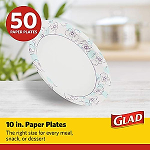 Glad Round Disposable Paper Plates 10 in, Blue Flower|Soak Proof, Cut Proof, Microwave Safe Heavy Duty Paper Plates For Parties|50 Count Bulk Paper Plates 10 Inch