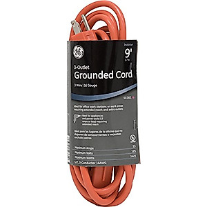 GE 9ft Indoor Power Extension Cord, 3 Grounded Outlets, 3 Prong, 16 Gauge, Heavy Duty, UL Listed, Orange, 50361
