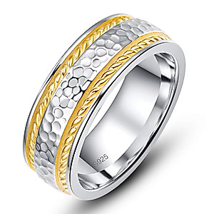 AVECON 6MM Wedding Band for Men 925 Sterling Silver 18K Gold Plated Hammered Engagement Unisex Rings Size 7